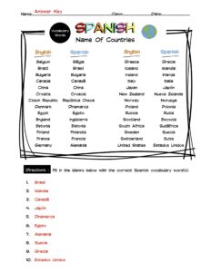 Spanish Name Of Countries Vocabulary Word List Worksheet & Answer Key ...