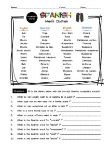 Spanish Men's Clothes Vocabulary Word List Column Worksheet | Made By ...