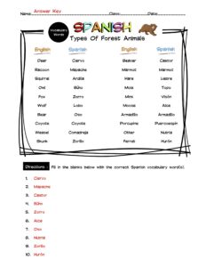 Spanish Forest Animals Vocabulary Word List Worksheet & Answer Key ...