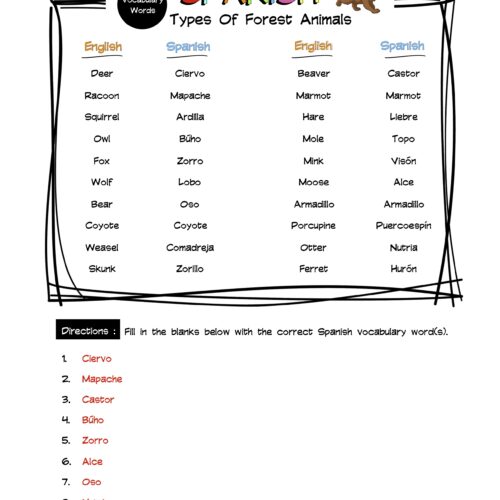 Spanish Forest Animals Vocabulary Word List Worksheet & Answer Key ...