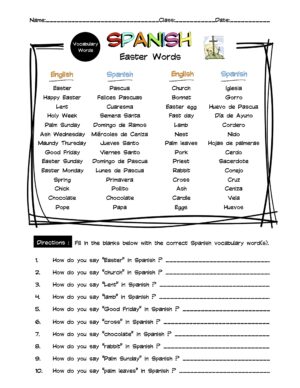 Spanish Easter Words Vocabulary Word List Worksheet & Answer Key | Made ...