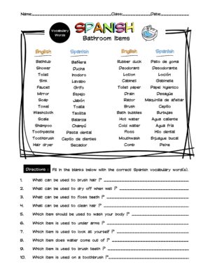 Spanish Bathroom Items Vocabulary Word List Worksheet & Answer Key ...