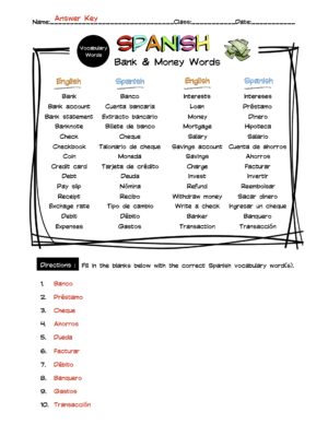 Spanish Bank & Money Vocabulary Word List Worksheet & Answer Key | Made ...