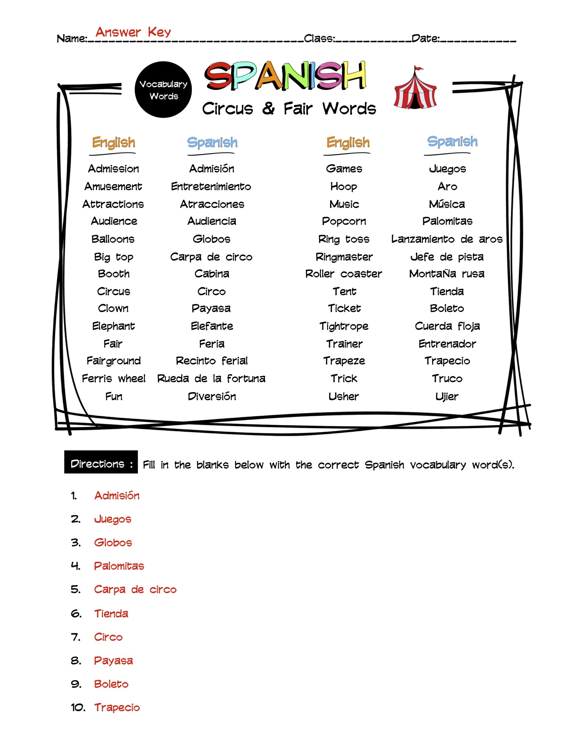 Spanish Circus & Fair Vocabulary Word List Worksheet & Answer Key ...