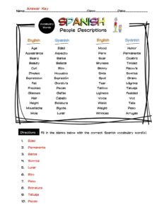 Spanish People Descriptions Vocabulary Word List Worksheet & Answer Key ...