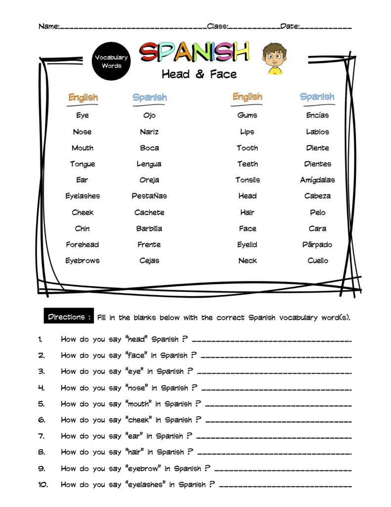 Spanish Head & Face Vocabulary Word List Worksheet & Answer Key | Made ...