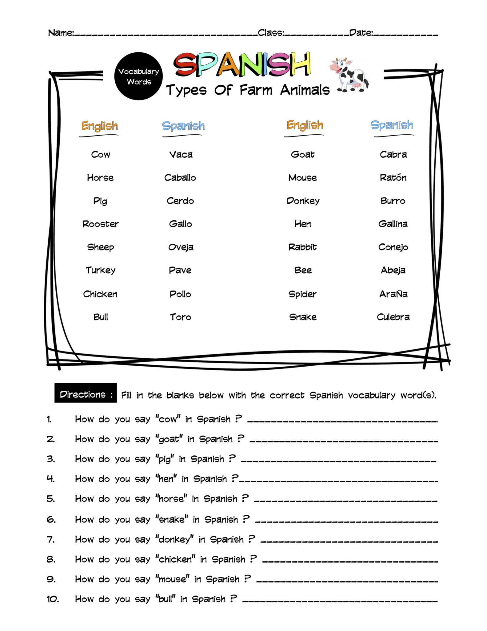 Spanish Farm Animals Vocabulary Word List Worksheet & Answer Key | Made ...