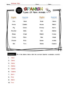 Spanish Farm Animals Vocabulary Word List Worksheet & Answer Key | Made ...