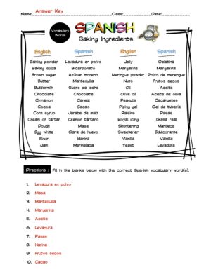 Spanish Baking Ingredients Vocabulary Word List Worksheet & Answer Key ...