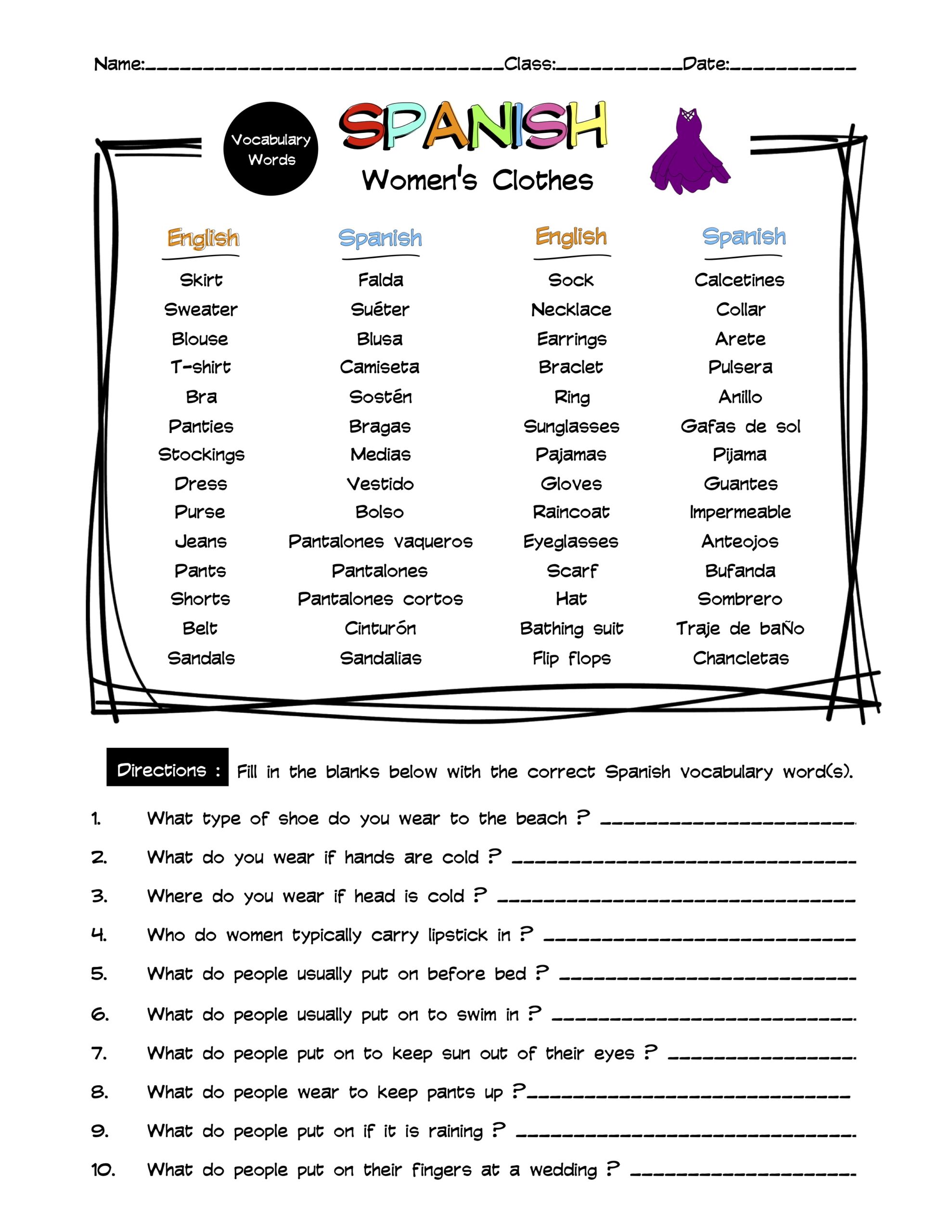 Spanish Clothing Vocabulary Worksheet