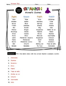 Spanish Women's Clothes Vocabulary Word List Worksheet & Answer Key ...