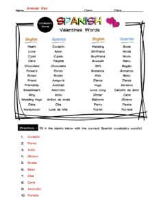 Spanish Valentines Vocabulary Word List Worksheet & Answer Key | Made ...