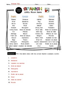 Spanish Utility Room Items Vocabulary Word List Worksheet & Answer Key ...