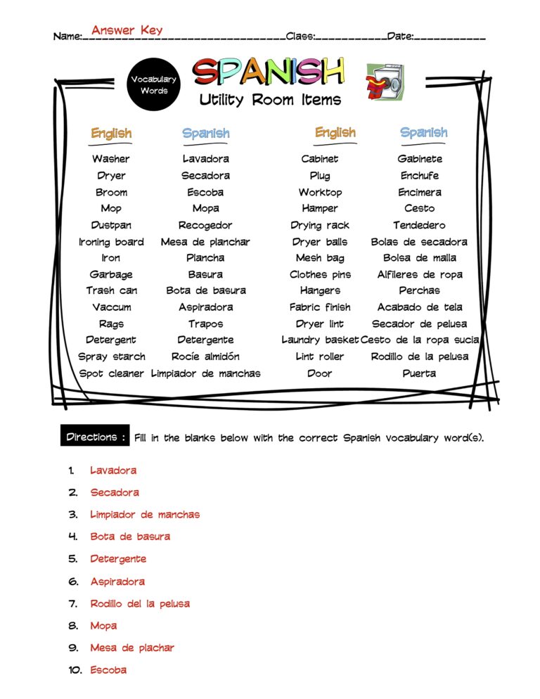 Spanish Utility Room Items Vocabulary Word List Worksheet & Answer Key ...