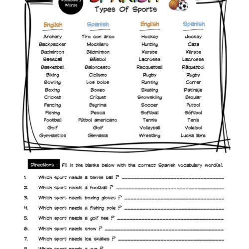Spanish Types Of Sports Vocabulary Word List Worksheet & Answer Key ...