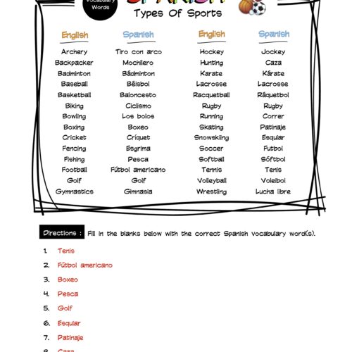 Spanish Types Of Sports Vocabulary Word List Worksheet & Answer Key ...