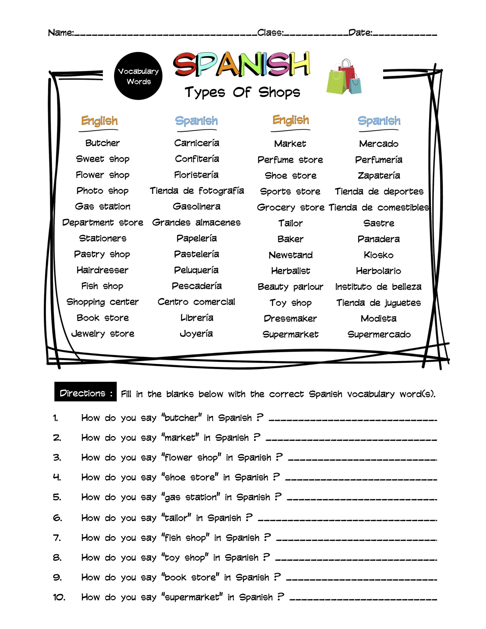Spanish Types Of Shops Vocabulary Word List Worksheet Answer Key Spanish Types Of Shops Vocabulary Word List Worksheet Answer Key
