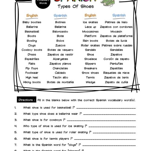 Spanish Types Of Shoes Vocabulary Word List Worksheet & Answer Key ...