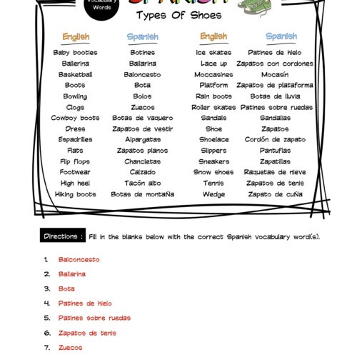 Spanish Types Of Shoes Vocabulary Word List Worksheet & Answer Key ...