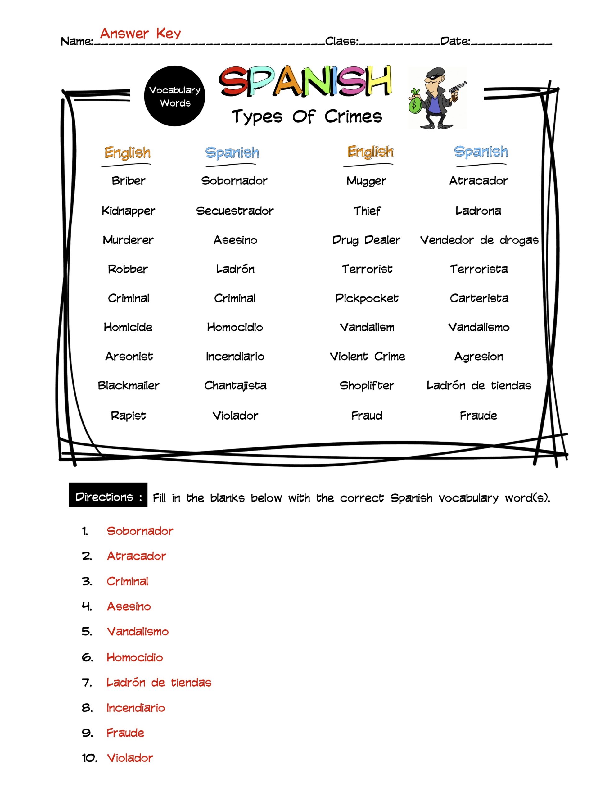 Spanish Types Of Crimes Vocabulary Word List Worksheet Answer Key