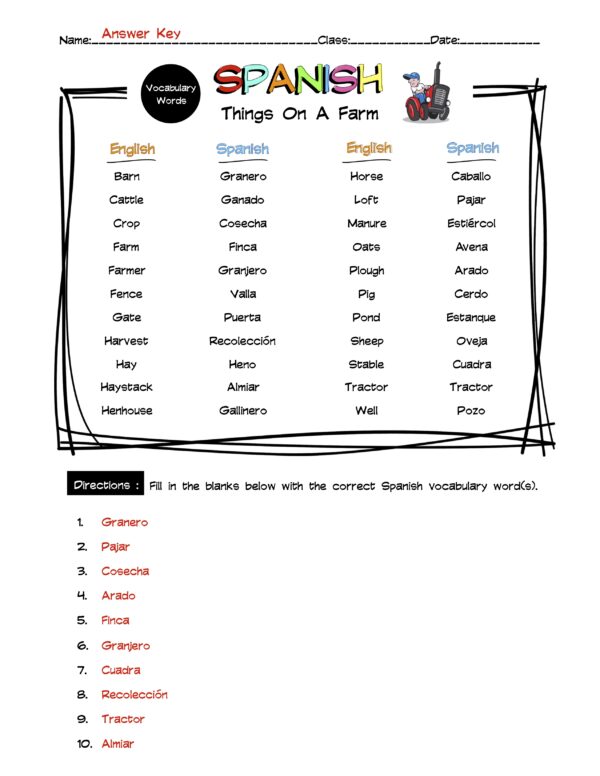 Spanish Things On A Farm Vocabulary Word List Worksheet & Answer Key ...
