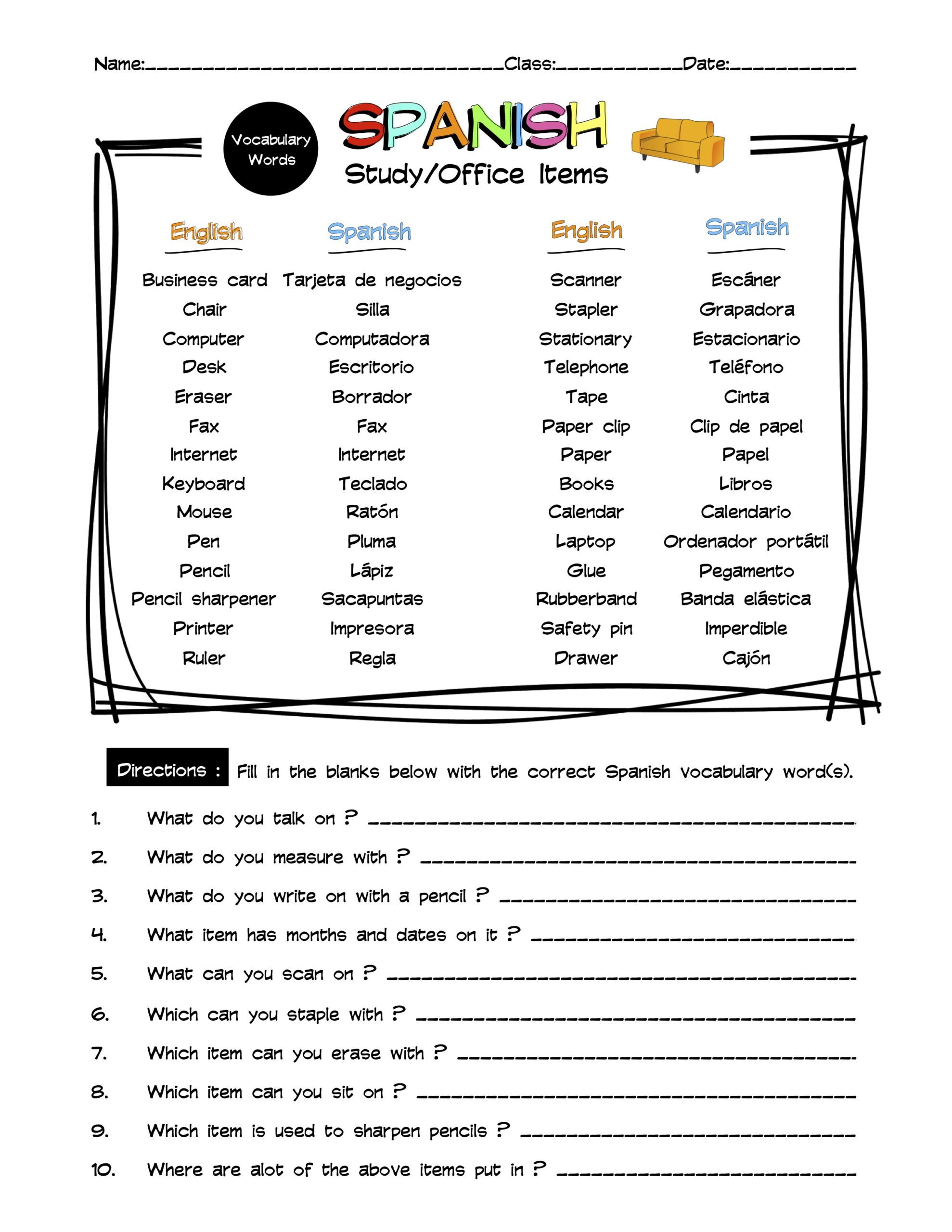 Spanish Study/Office Items Vocabulary Word List Worksheet & Answer Key ...