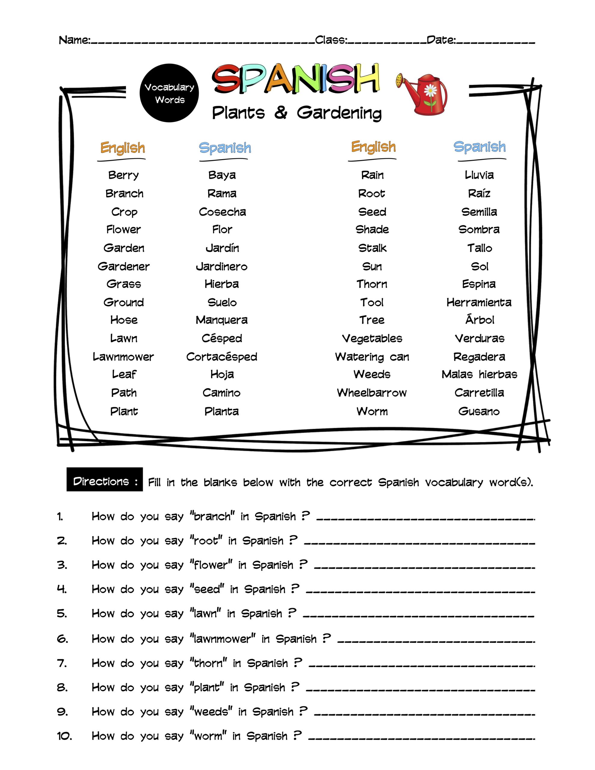 Spanish Plants & Gardening Vocabulary Word List Worksheet & Answer Key ...