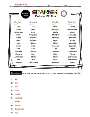 Spanish Periods Of Time Vocabulary Word List Worksheet & Answer Key ...