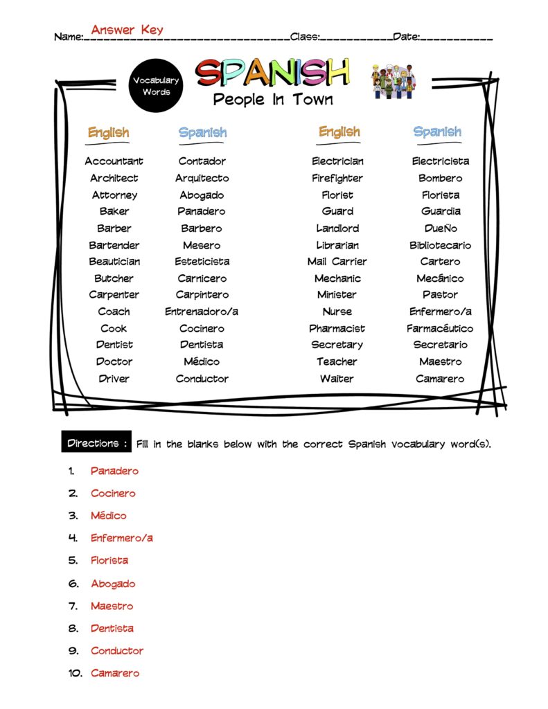 Spanish People In A Town Vocabulary Word List Worksheet & Answer Key ...