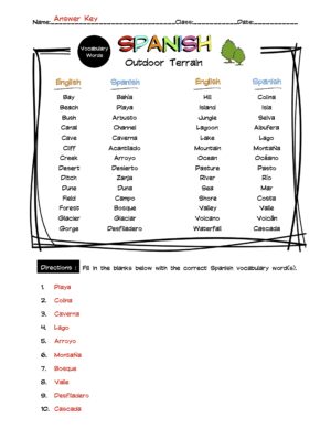 Spanish Outdoor Terrain Vocabulary Word List Worksheet & Answer Key ...