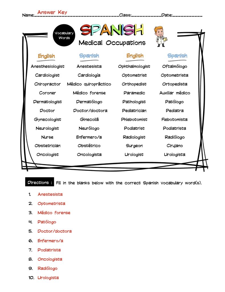 Spanish Medical Occupations Vocabulary Word List Worksheet & Answer Key ...