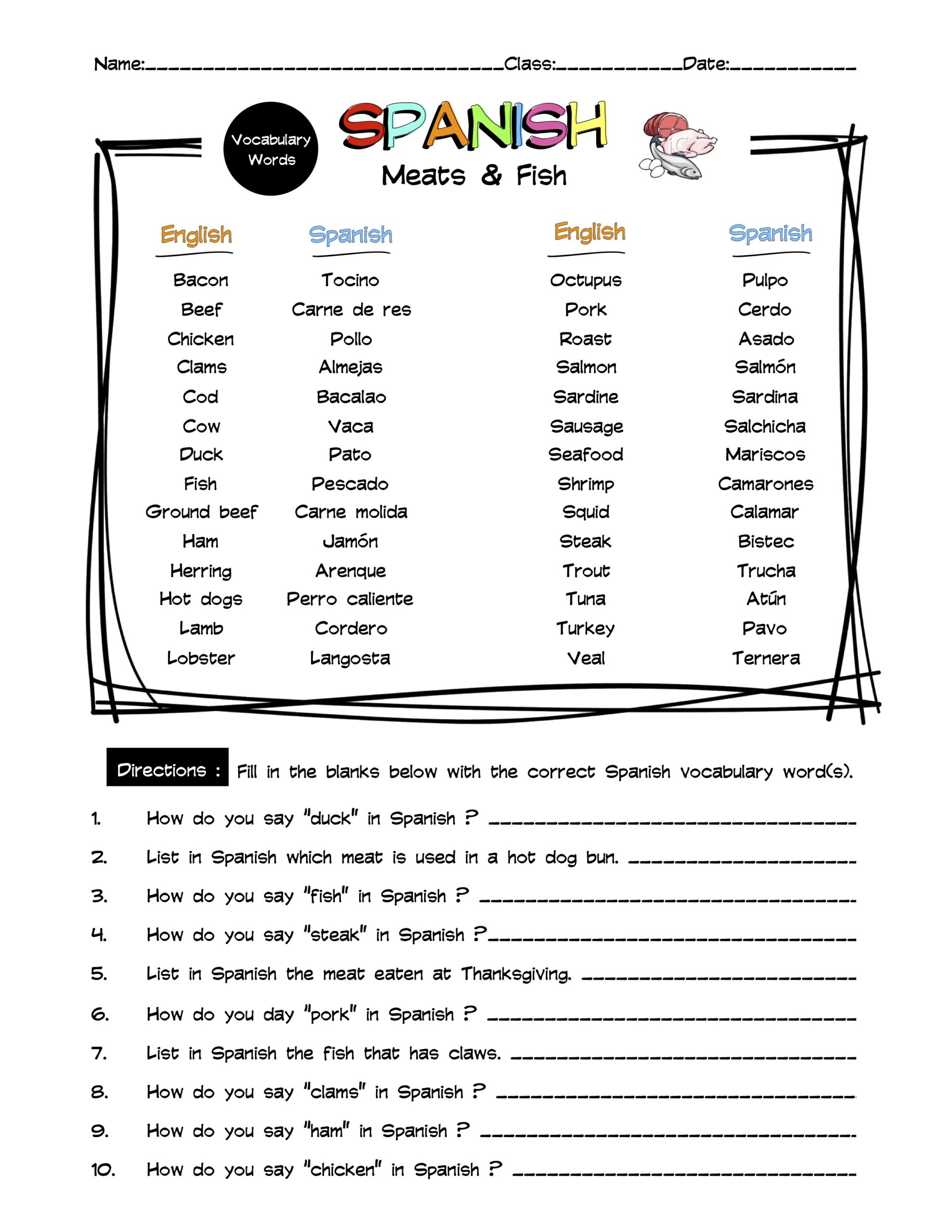 Spanish Meat Fish Vocabulary Word List Worksheet Answer Key Made