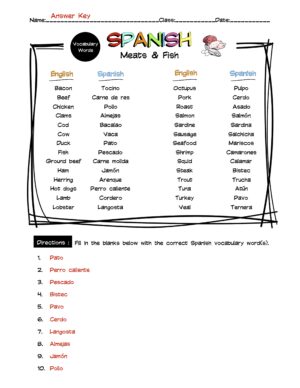 Spanish Meat & Fish Vocabulary Word List Worksheet & Answer Key | Made ...