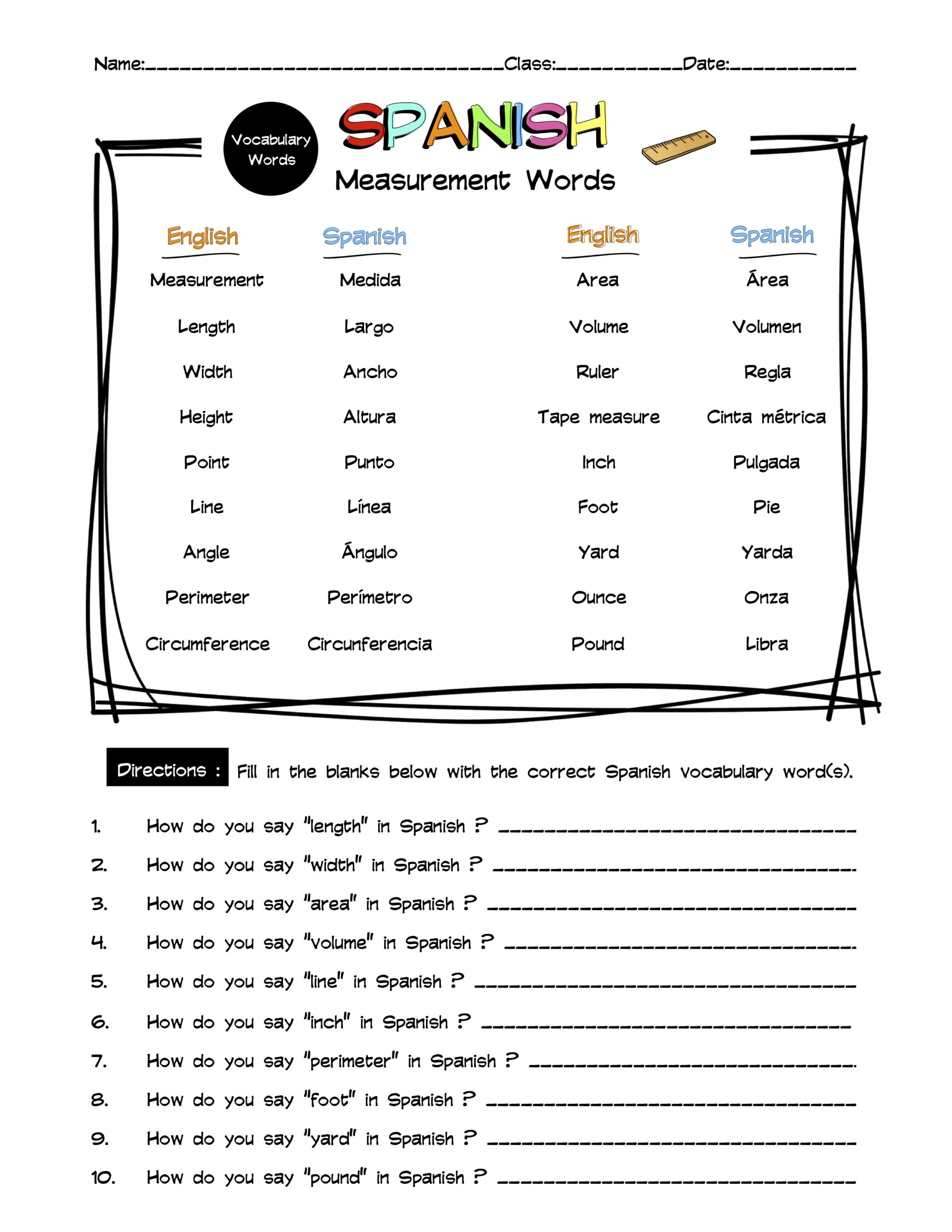Spanish Measuring Vocabulary Word List Worksheet & Answer Key | Made By ...