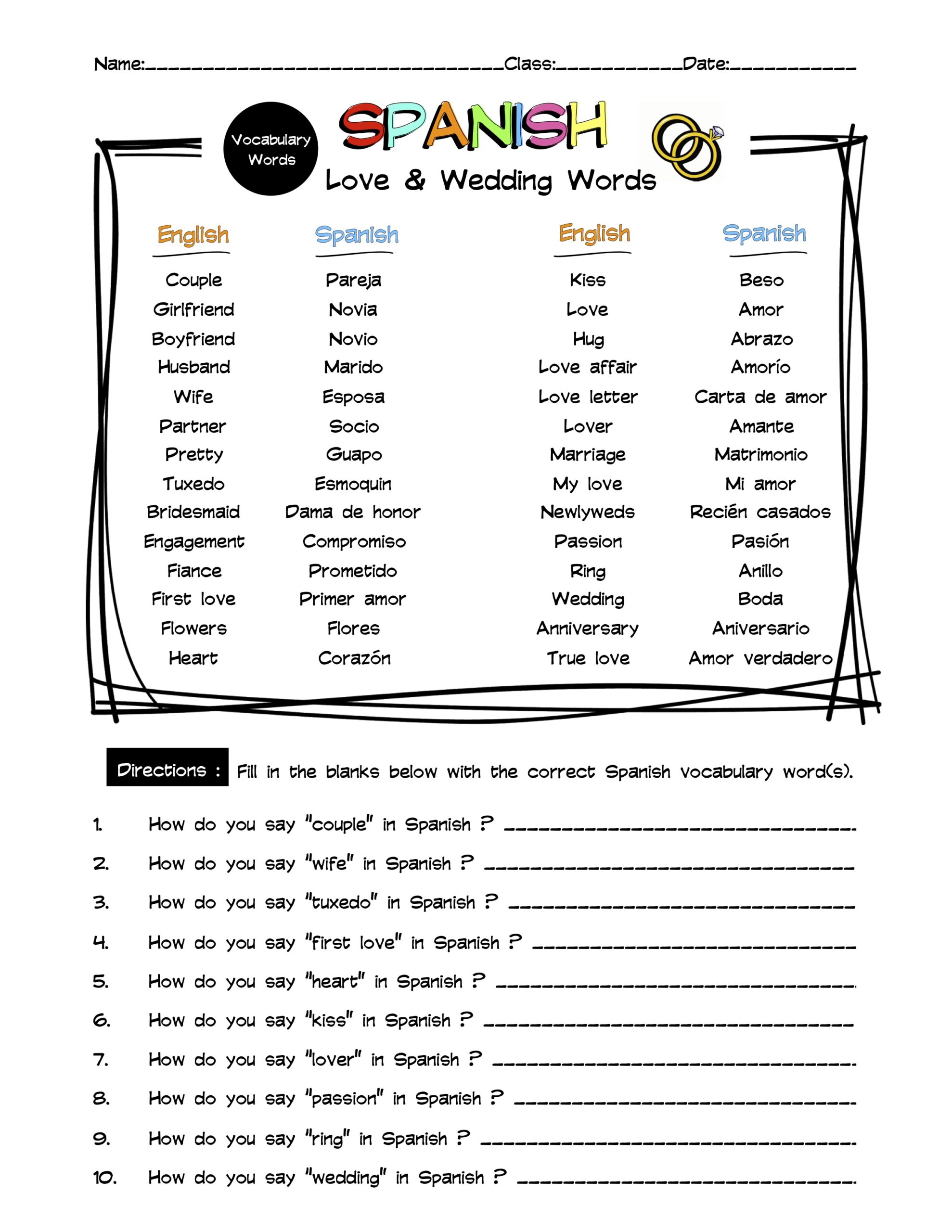Spanish Love Wedding Vocabulary Word List Worksheet Answer Keys Spanish Love Wedding Vocabulary Word List Worksheet Answer Keys