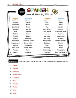 Spanish Love & Wedding Vocabulary Word List Worksheet & Answer Keys ...