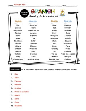 Spanish Jewelry & Accessories Vocabulary Word List Worksheet & Answer ...