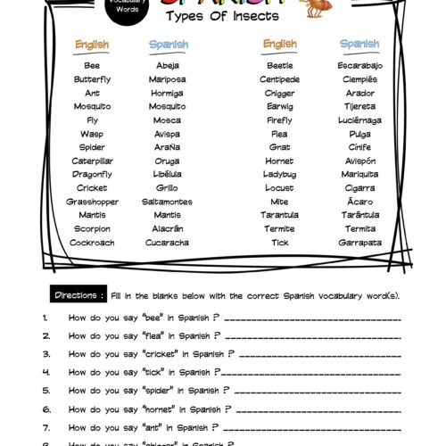 Spanish Insects Vocabulary Word List Worksheet & Answer Key | Made By ...