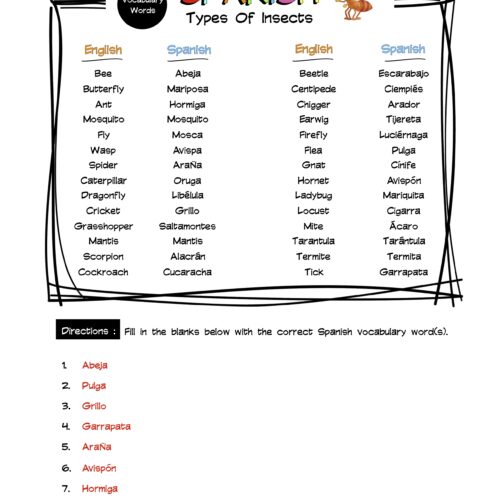 Spanish Insects Vocabulary Word List Worksheet & Answer Key | Made By ...