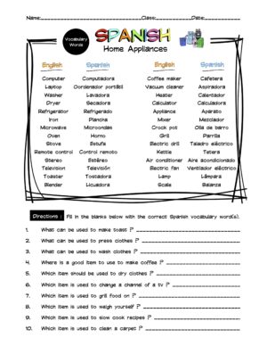 Spanish Home Appliances Vocabulary Word List Worksheet & Answer Key ...