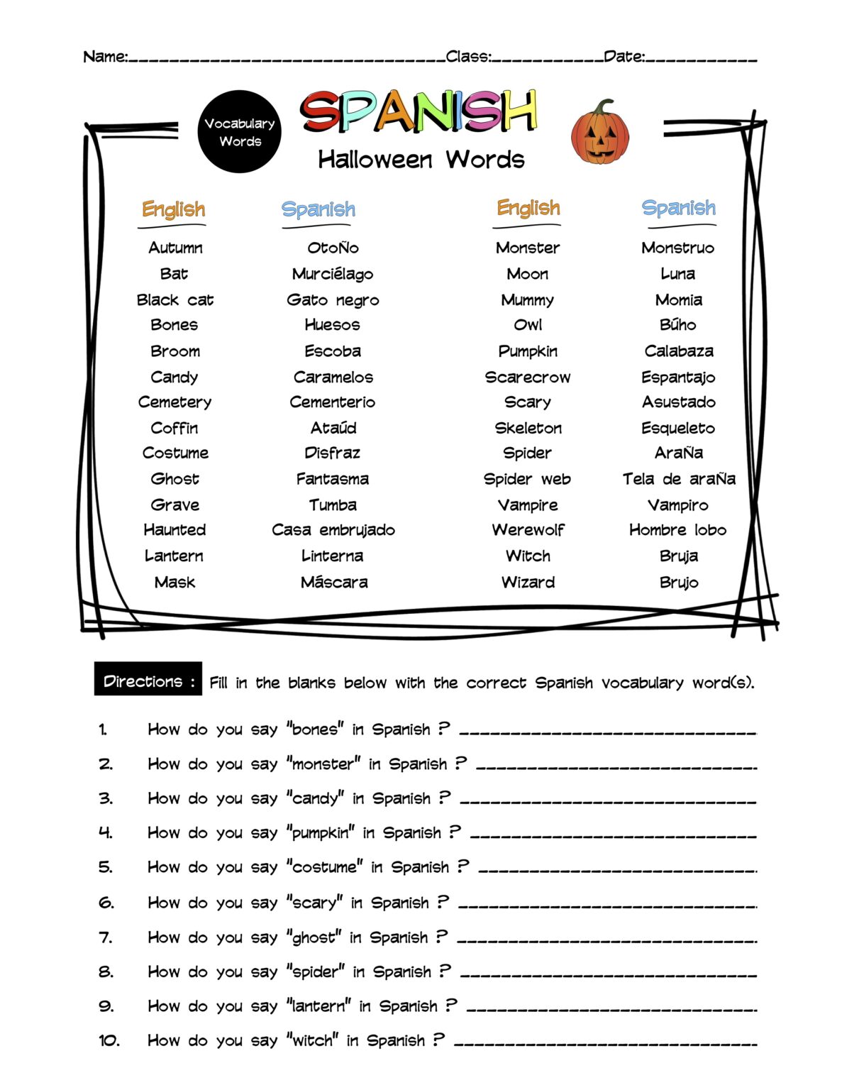 Spanish Halloween Vocabulary Word List | Made By Teachers