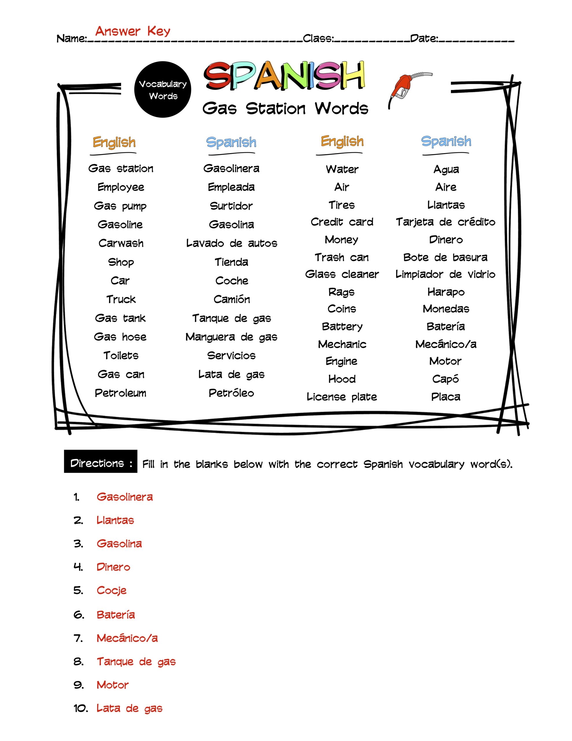 Spanish Gas Station Vocabulary Word List Worksheet & Answer Key | Made ...
