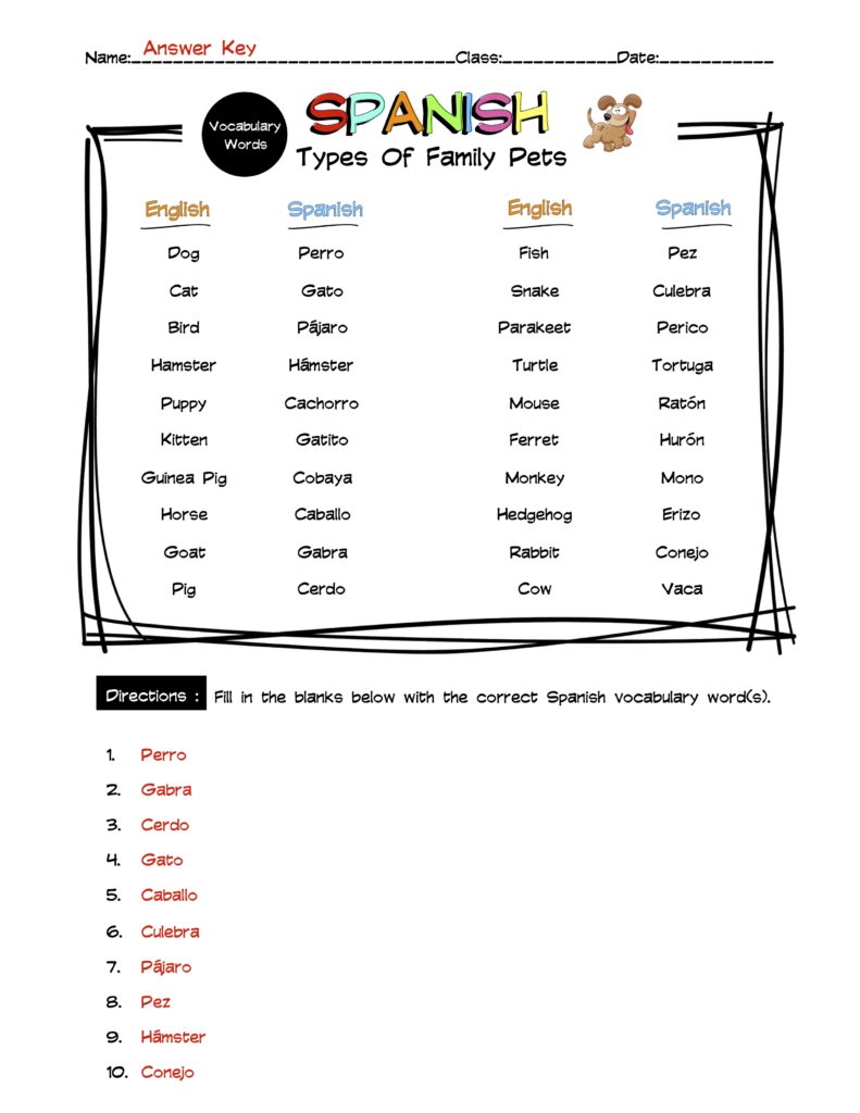 Spanish Family Pets Vocabulary Word List Worksheet & Answer key | Made ...