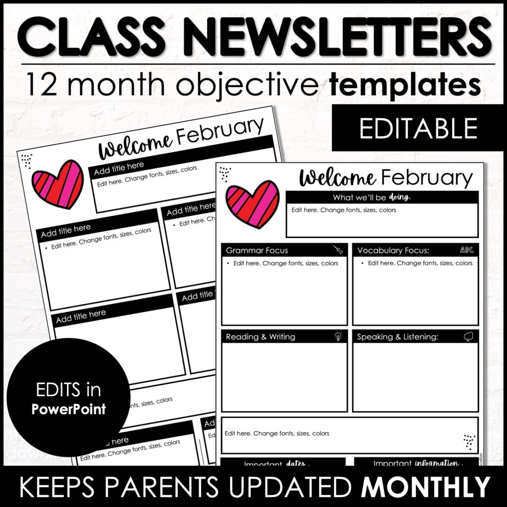 Monthly Parent Newsletter Templates - Editable ESL EFL ELL Classroom ...