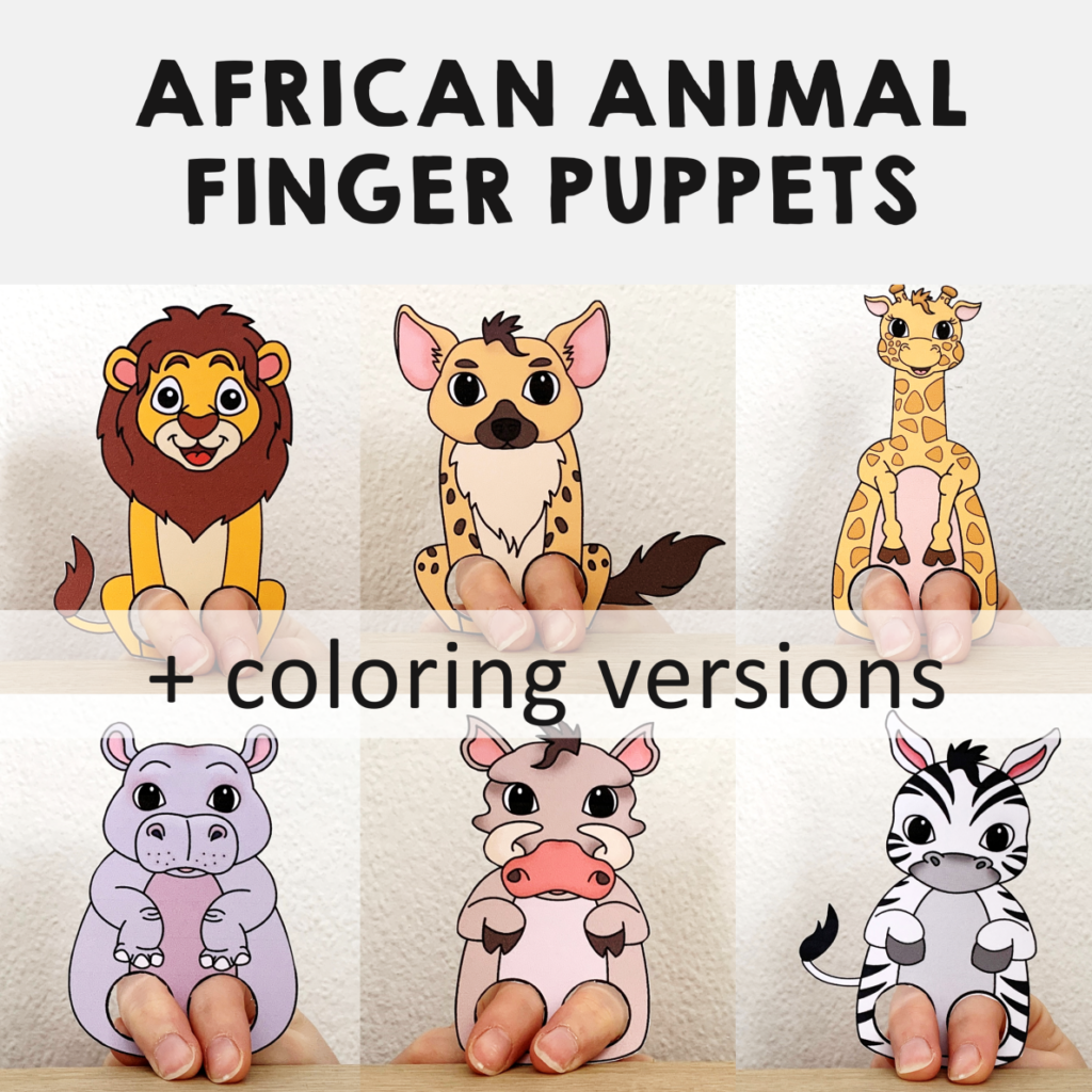 African Animals Finger Puppets Printable Coloring Paper Craft Activity ...