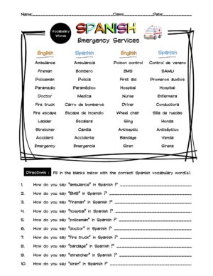Spanish Emergency Services Vocabulary Word List Worksheet & Answer Key ...