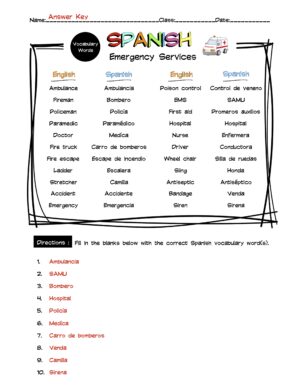 Spanish Emergency Services Vocabulary Word List Worksheet & Answer Key ...