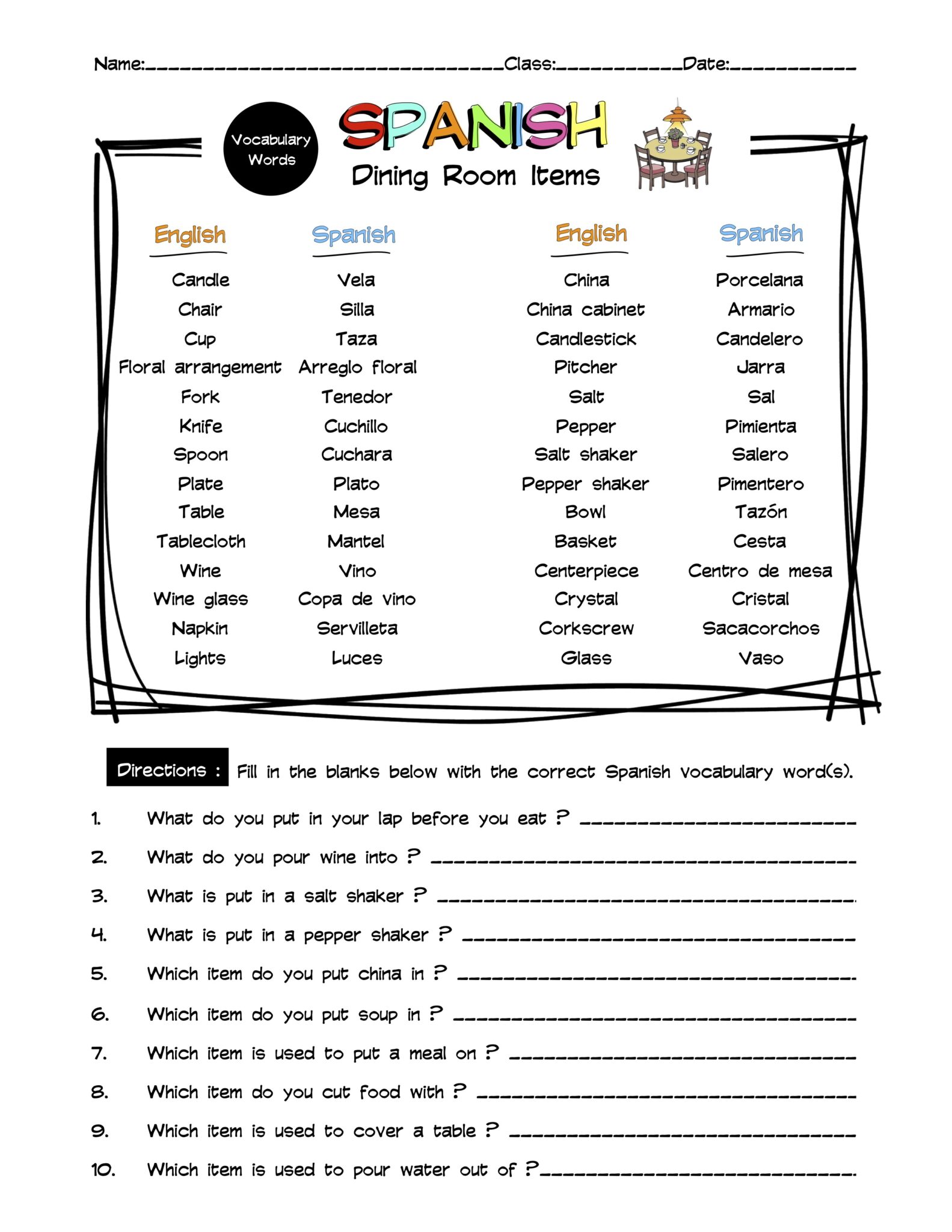 Spanish Study/Office Items Vocabulary Word List Column Worksheet | Made ...
