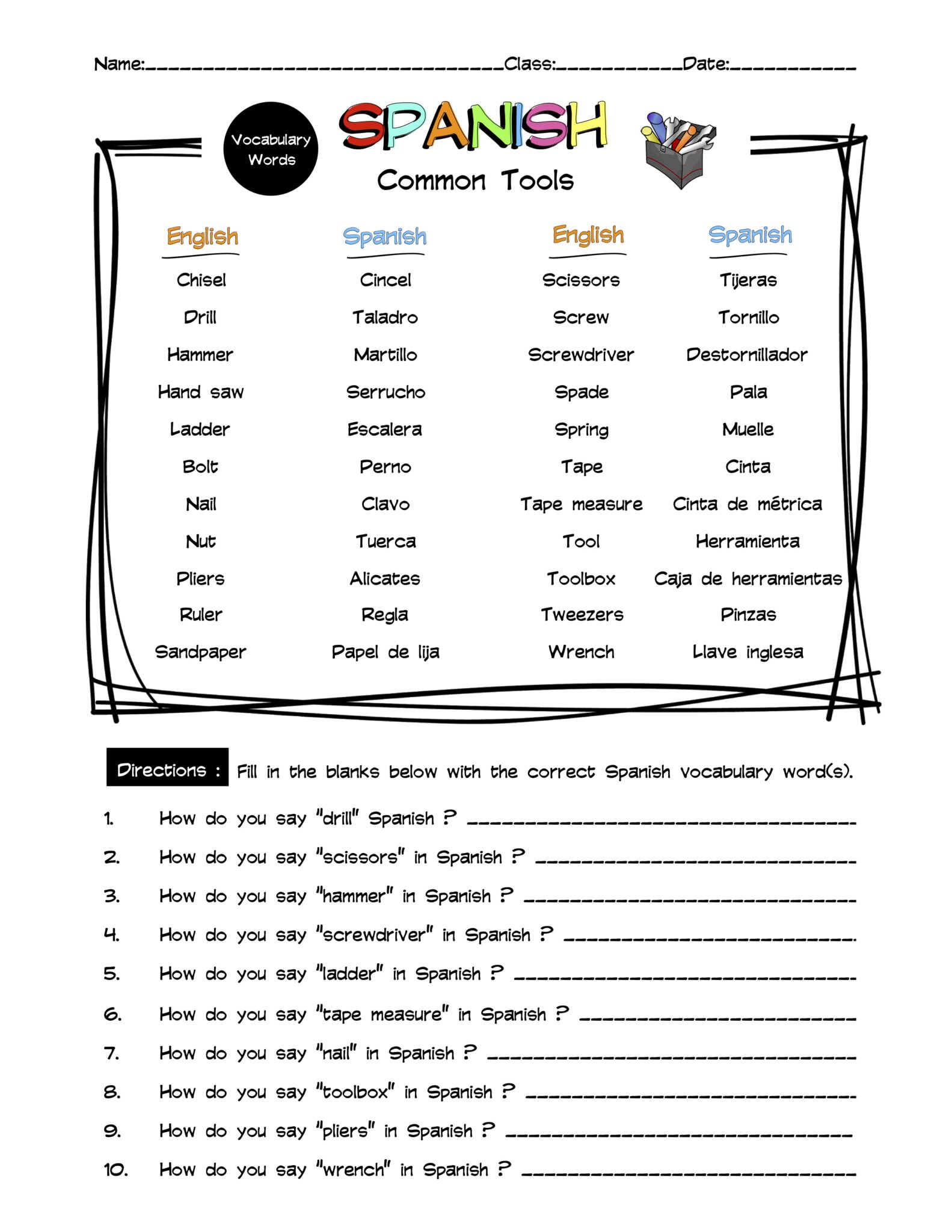 Spanish Common Tools Vocabulary Word List Worksheet & Answer Key | Made ...