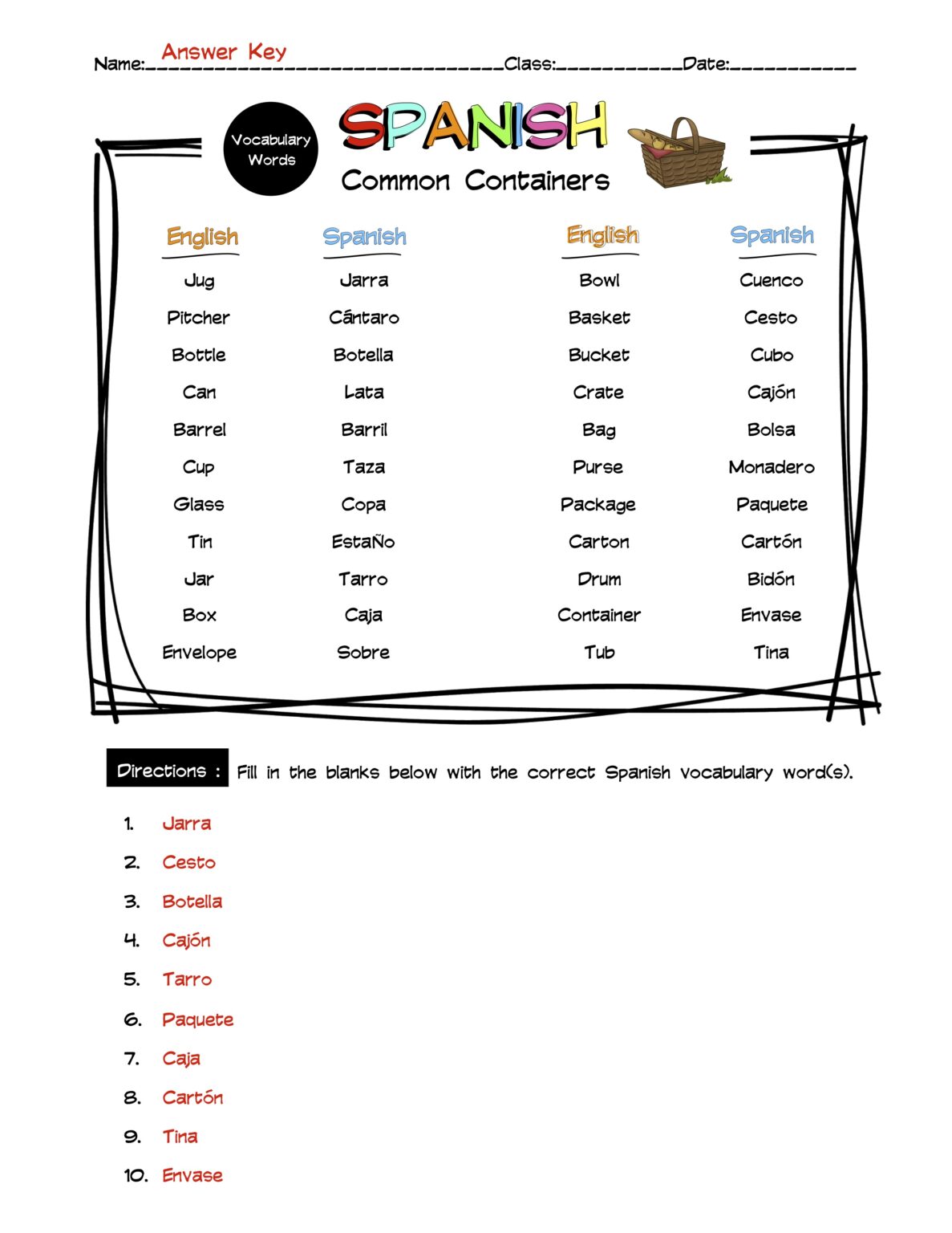 Spanish Common Containers Vocabulary Wish List Worksheet & Answer Key ...